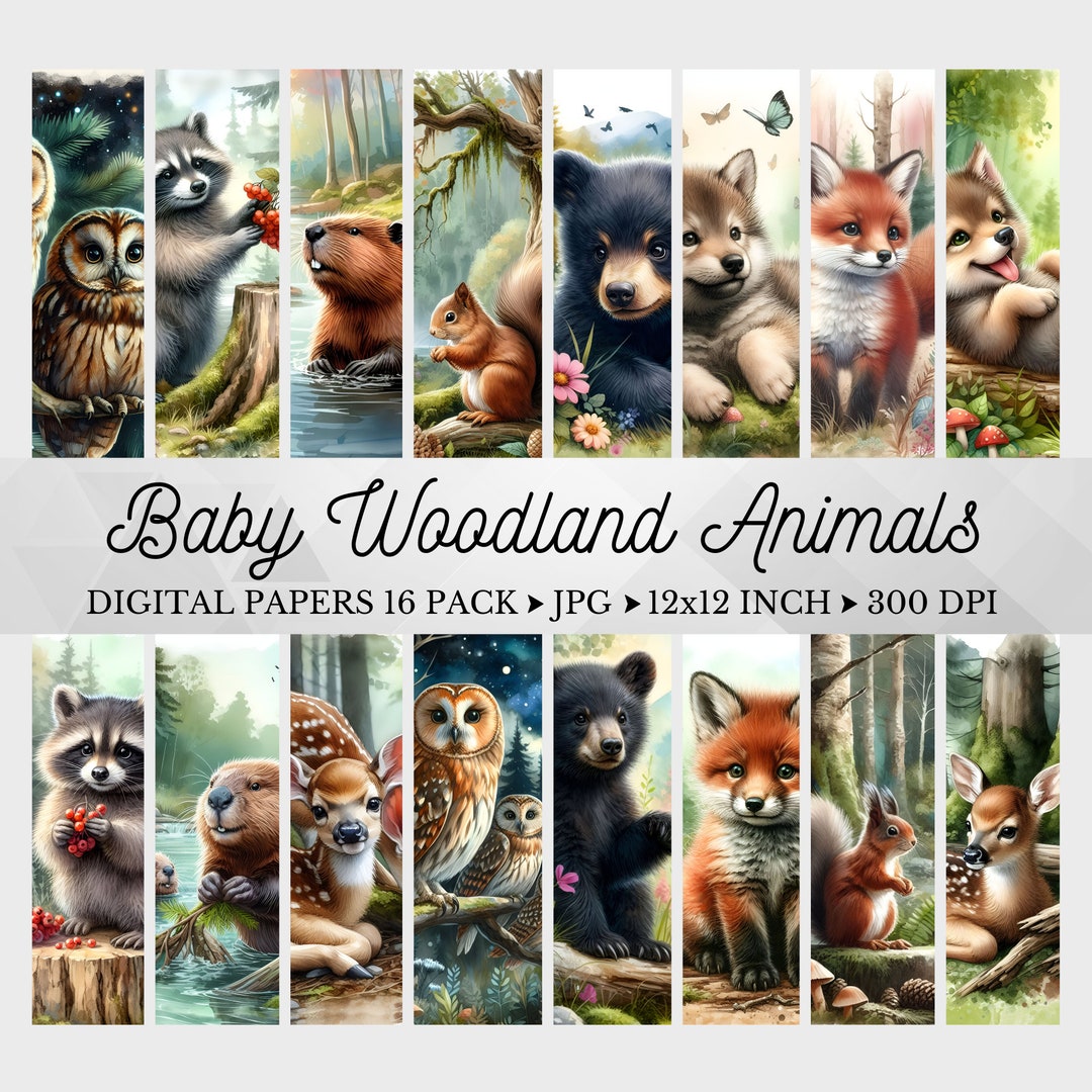 Woodland Watercolor Baby Animals Digital Paper Pack, Cute Animals ...