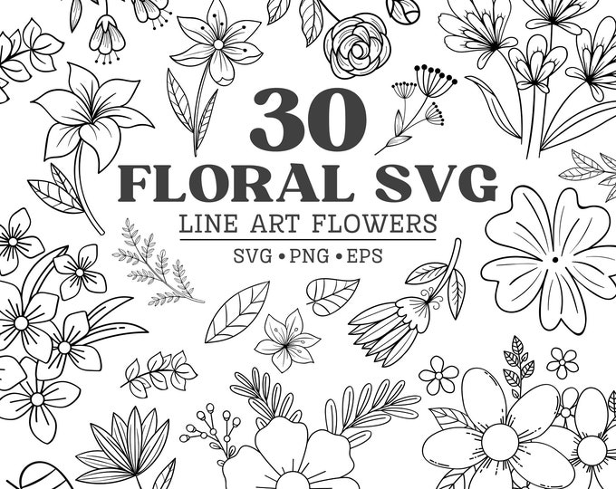Floral Line Art, Botanical Line Art SVG, Clipart, Wedding Flowers, Hand ...