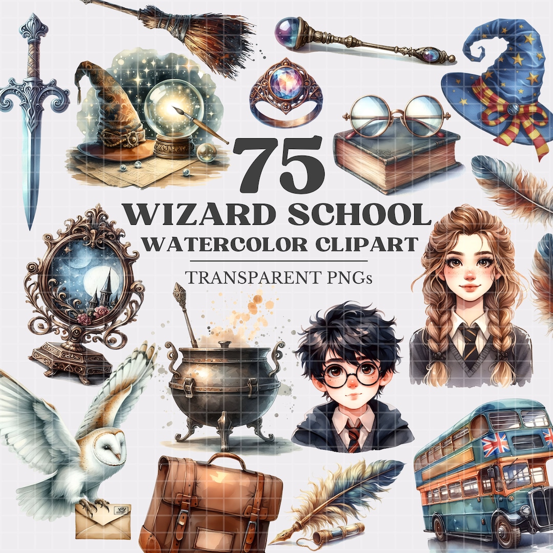 75 Wizard School Watercolor Clipart, Magic School Clipart, Wizard ...