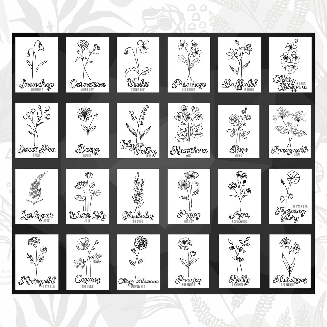 Birth Month Flower Coloring Pages 24 Pages Birth Month - Etsy