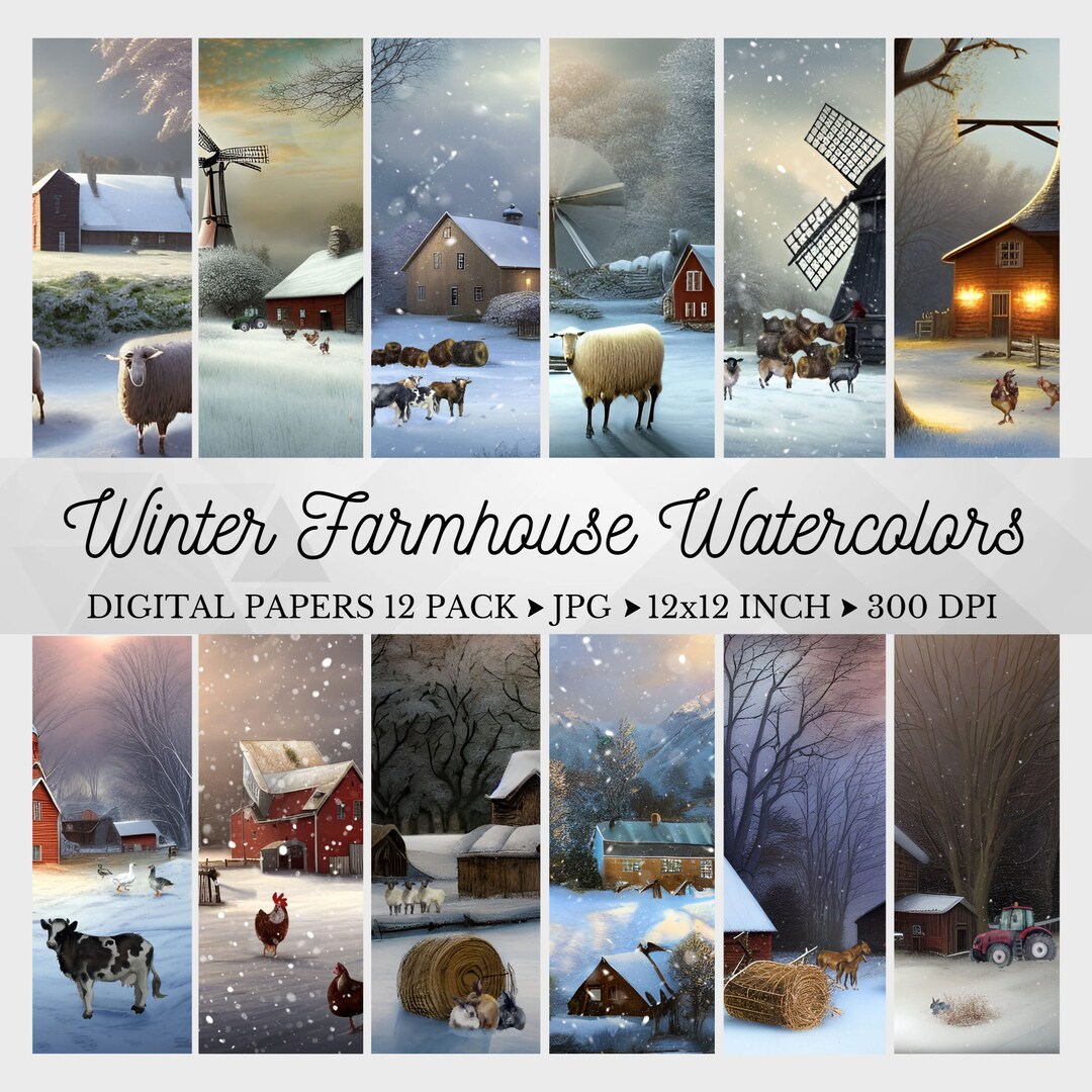 Winter Farmhouse Digital Paper, Watercolor Digital Paper Pack, Winter ...