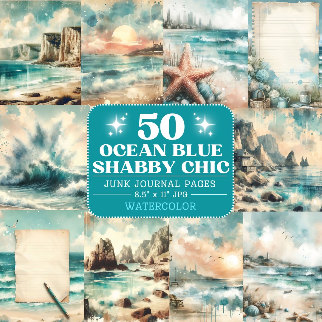 Ocean Blue Watercolor Junk Journal Papers, Shabby Chic Seaside ...