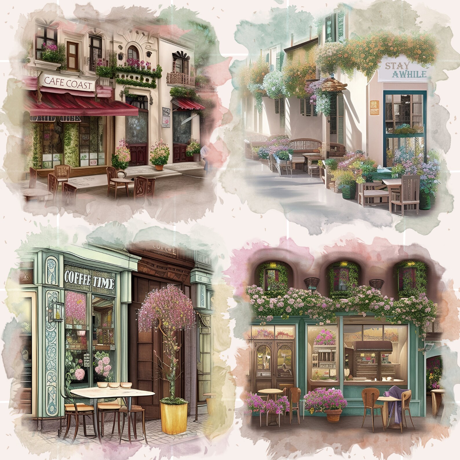 Spring Coffee Shop Clipart Romantic French Cafe Spring Cafe - Etsy
