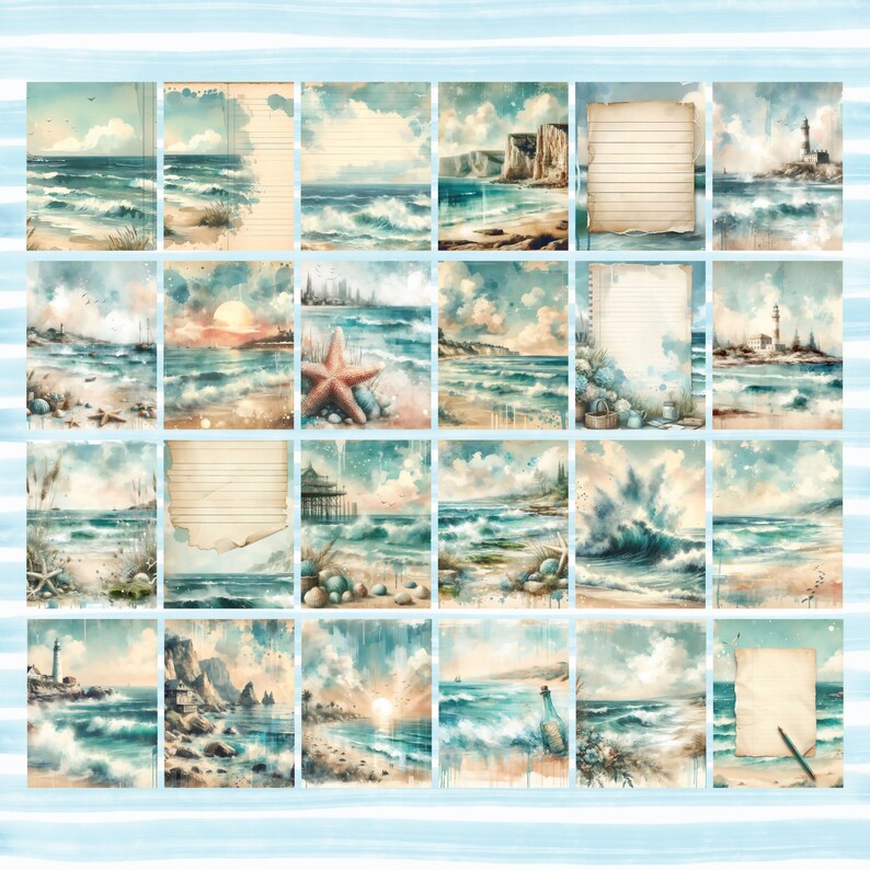 Ocean Blue Watercolor Junk Journal Papers, Shabby Chic Seaside ...