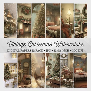 Vintage Christmas Digital Paper, Christmas Watercolors, Winter ...