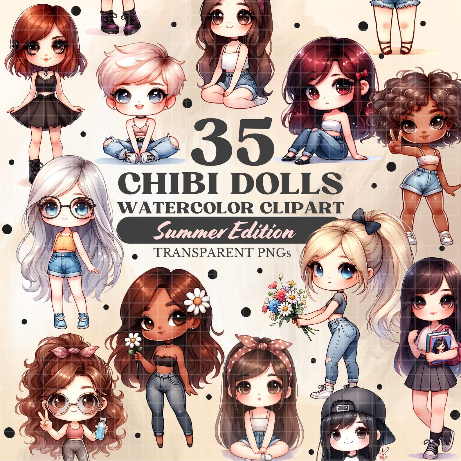 Chibi Clipart Set of 35, Summer Edition, Watercolor Cute Kawaii Anime ...