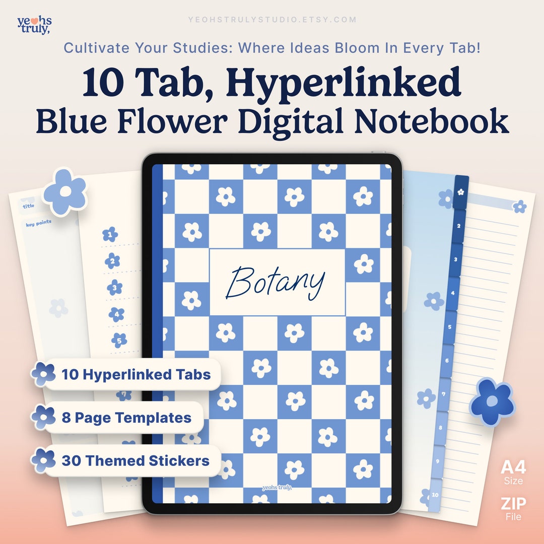 Doodle Flower Blue Digital Notebook: 10 Hyperlinked Tabs, 8 Page ...
