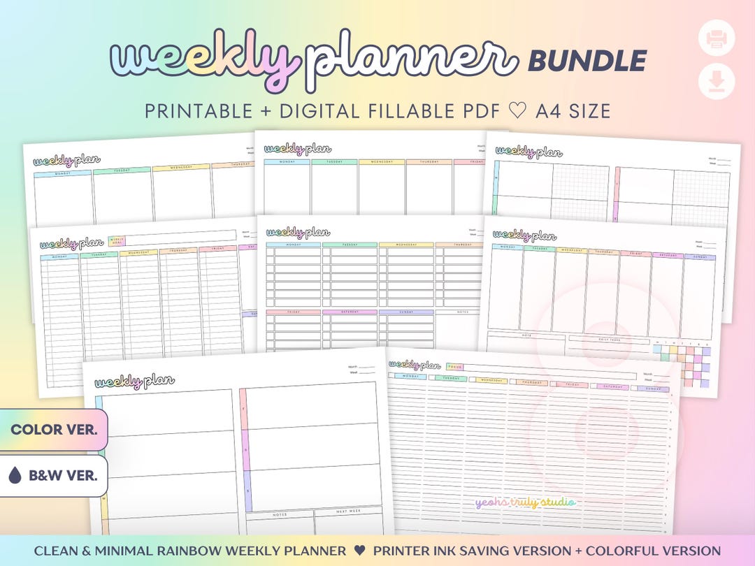 Rainbow Weekly Planner Bundle: Fillable A4 PDF, Printable Schedule - Etsy