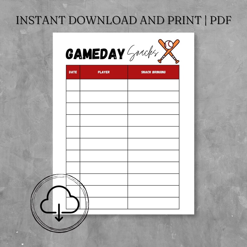 Baseball Gameday Snack Sign up Sheet PDF | Baseball Printable | Snack ...