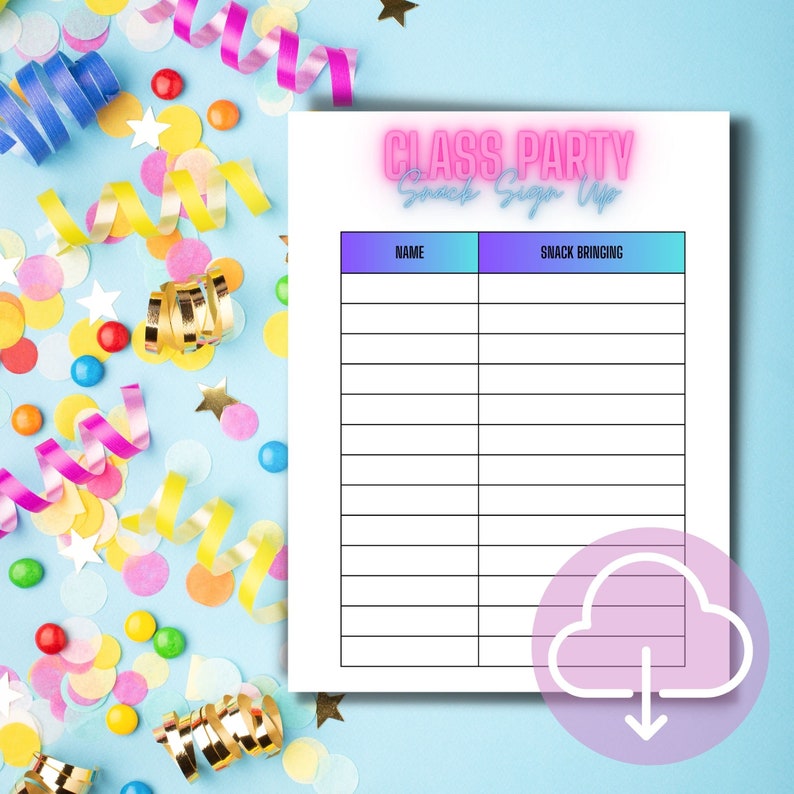 Class Party Snack Sign up Sheet | Class Party Snack Sheet | Neon Class ...