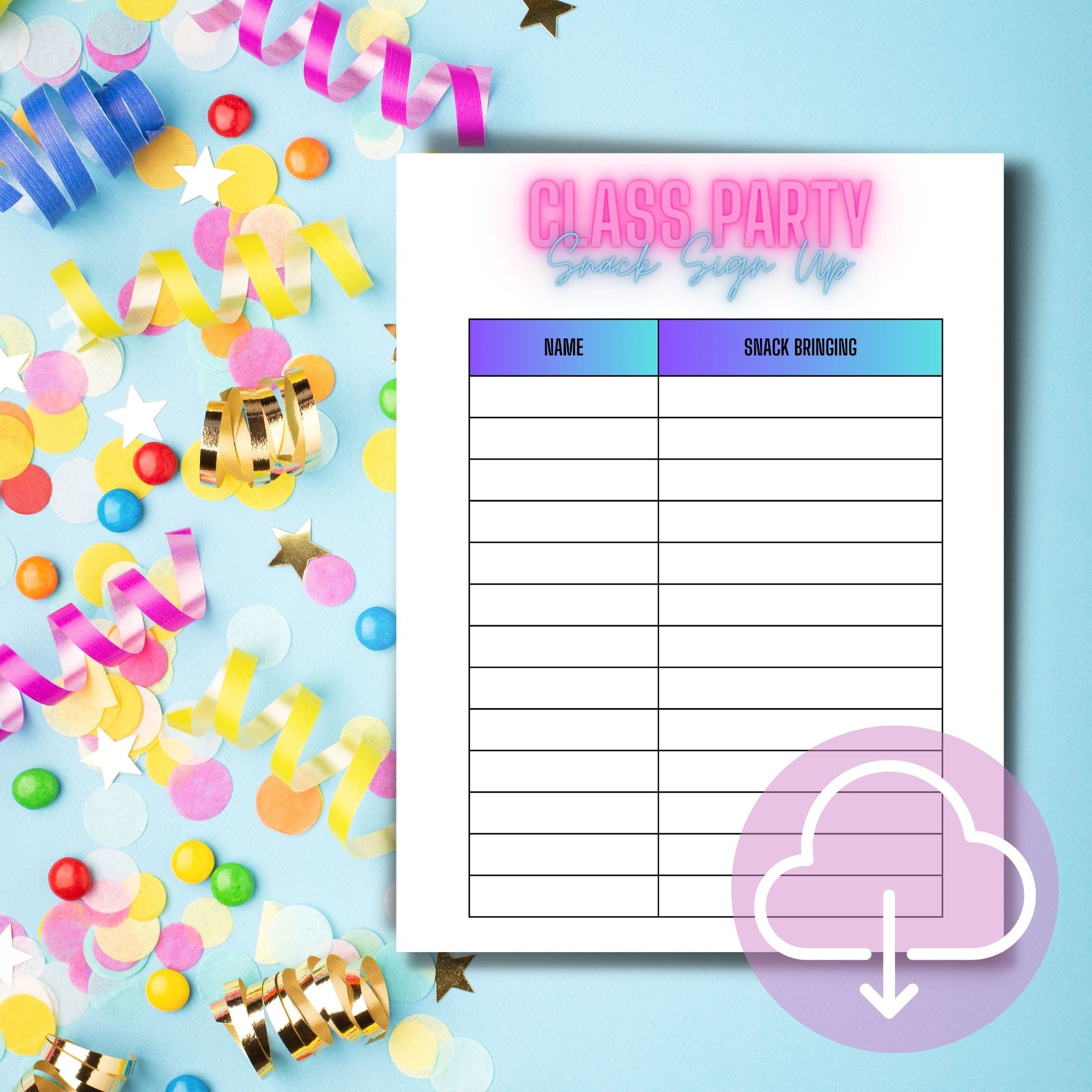 Class Party Snack Sign up Sheet | Class Party Snack Sheet | Neon Class ...