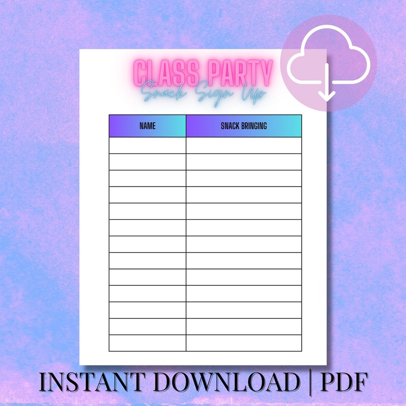 Class Party Snack Sign up Sheet | Class Party Snack Sheet | Neon Class ...