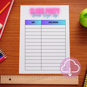 Class Party Snack Sign up Sheet Class Party Snack Sheet Neon Class ...