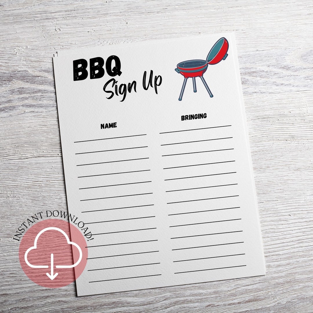 BBQ Sign up Sheet PDF | Cookout Snack Volunteer Sign up | Potluck Sign ...