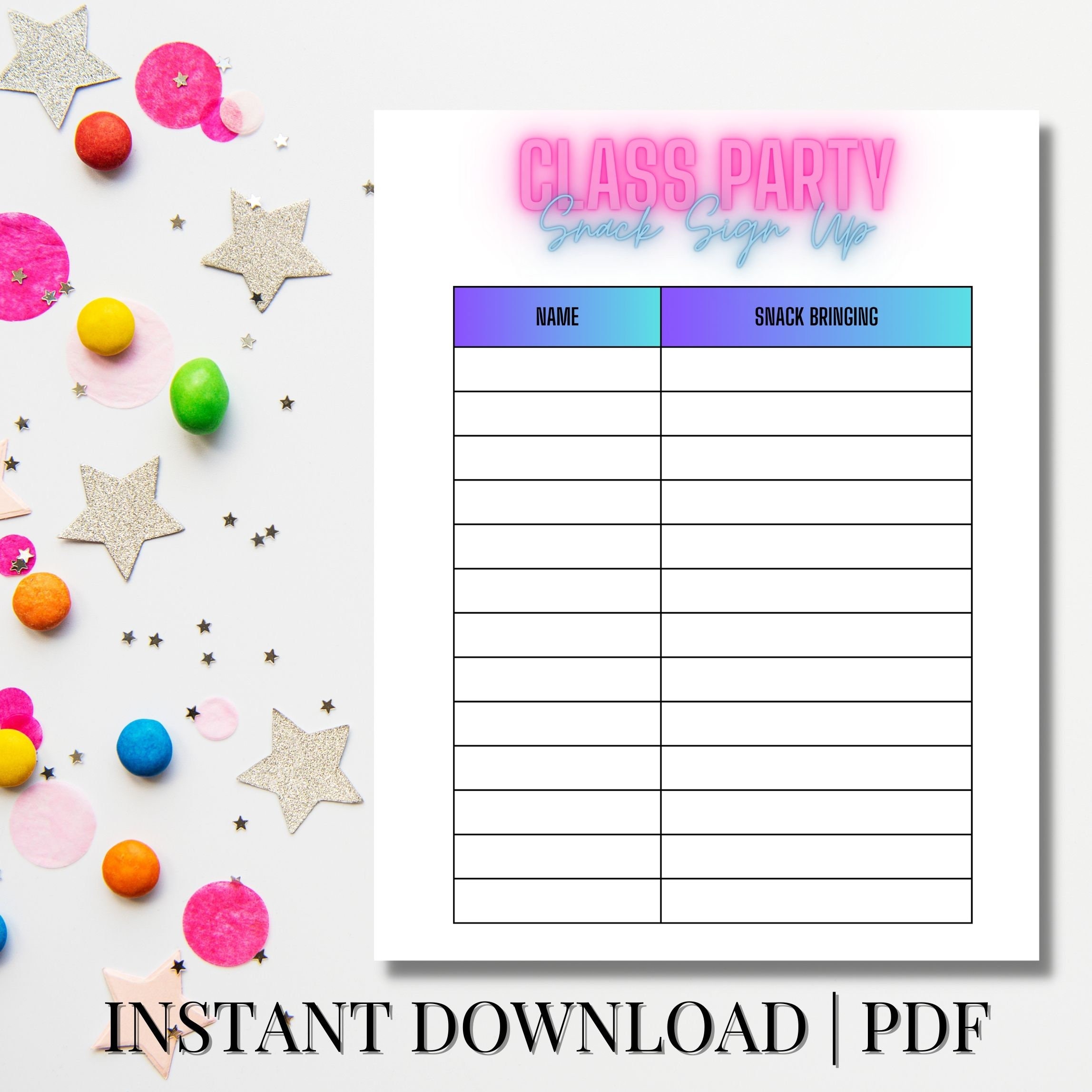 Class Party Snack Sign up Sheet | Class Party Snack Sheet | Neon Class ...