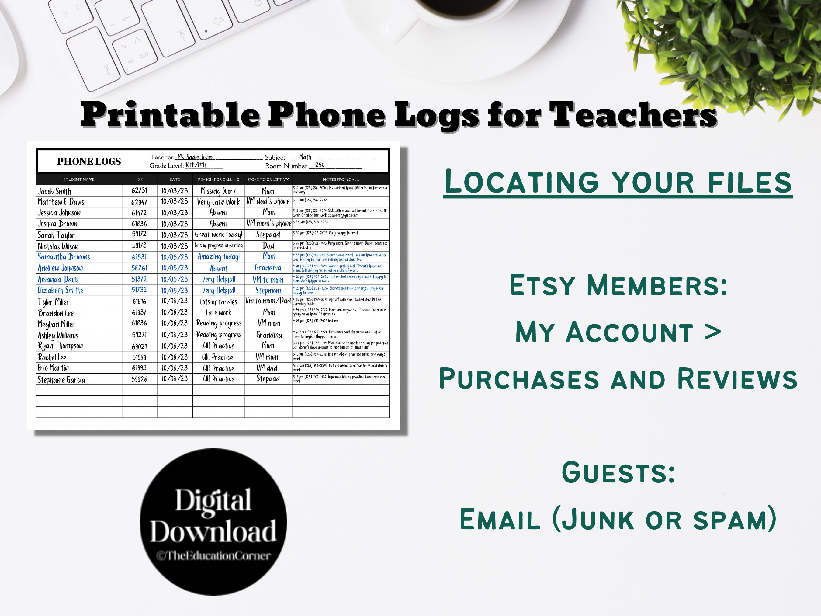 Phone Logs for Teachers | Download and Print | Download Once, Print ...