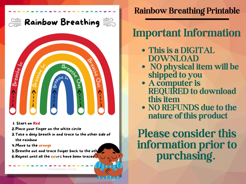 Rainbow Breathing Exercise Printable | Calm Down Poster | Anxiety ...