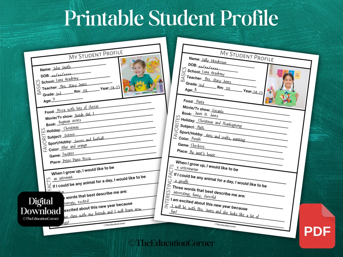 Printable Student Profile Sheet | Instant Download, DIGITAL DOWNLOAD ...