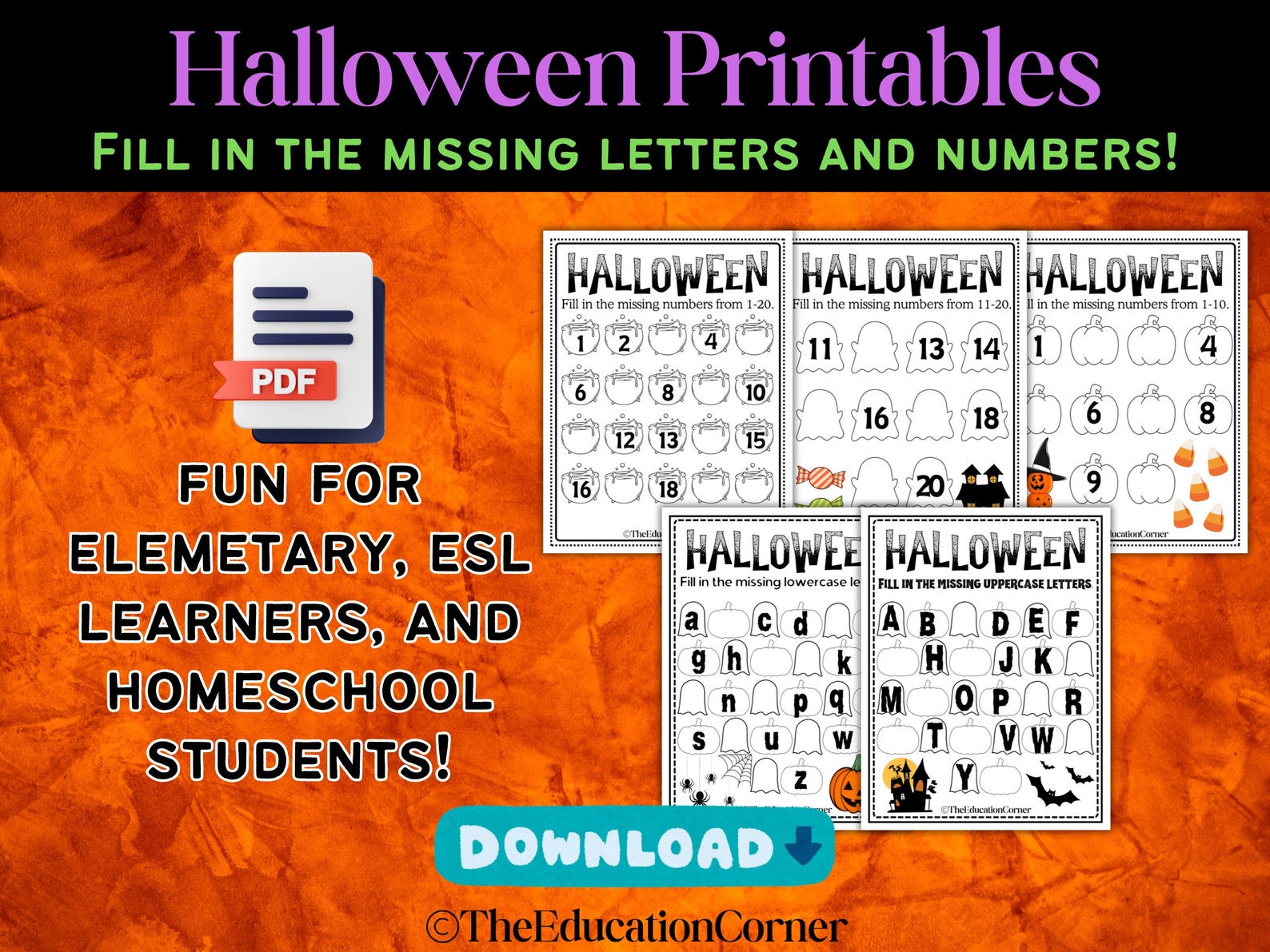 Halloween Printables - Fill-in the Missing Letters and Numbers | PDF ...