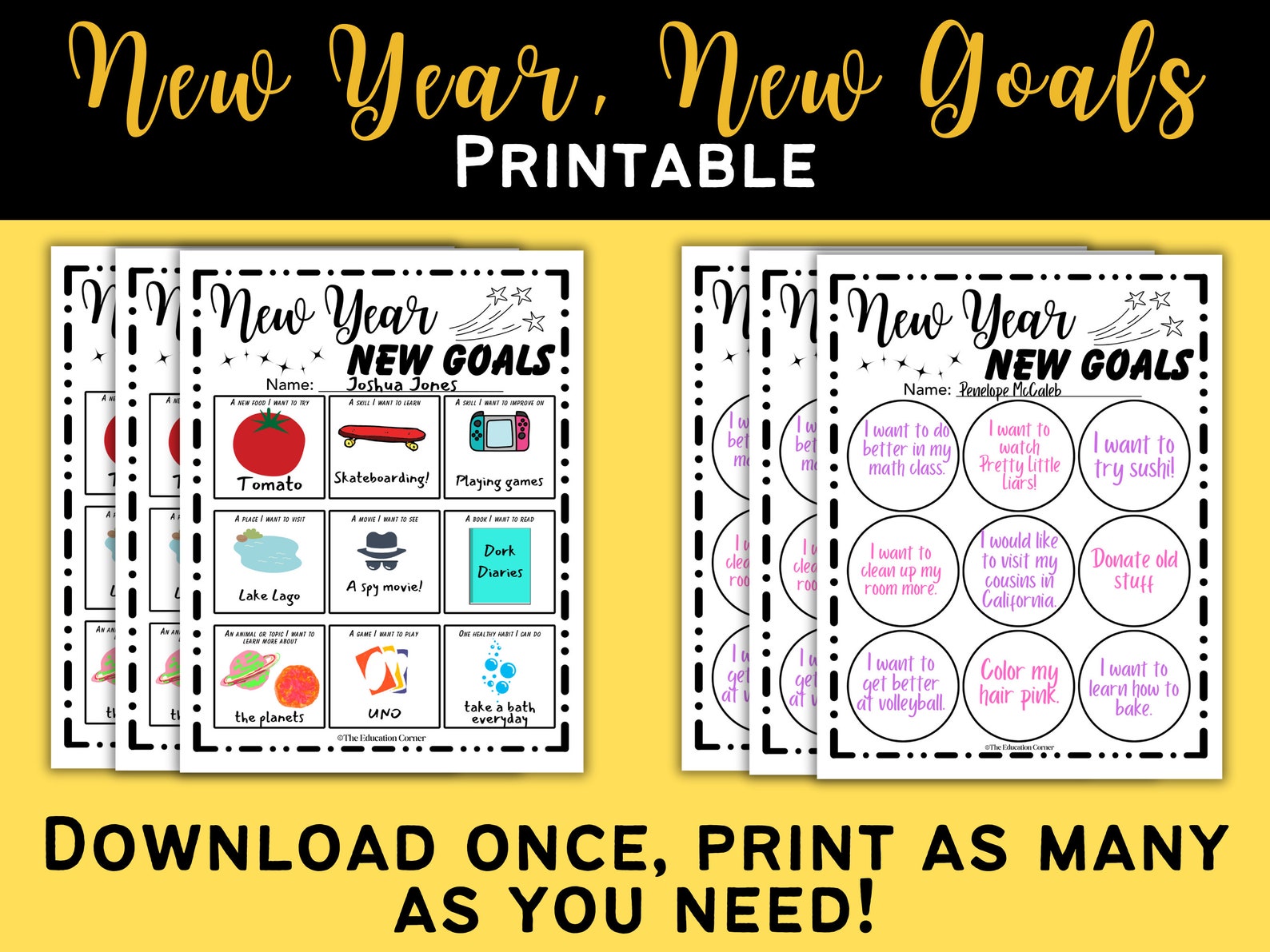 New Year, New Goals Printable Worksheet, New Year's Resolutions ...