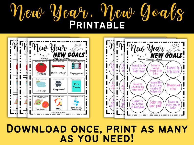 New Year, New Goals Printable Worksheet, New Year's Resolutions ...
