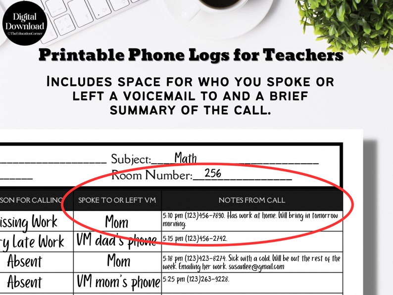 Phone Logs for Teachers | Download and Print | Download Once, Print ...