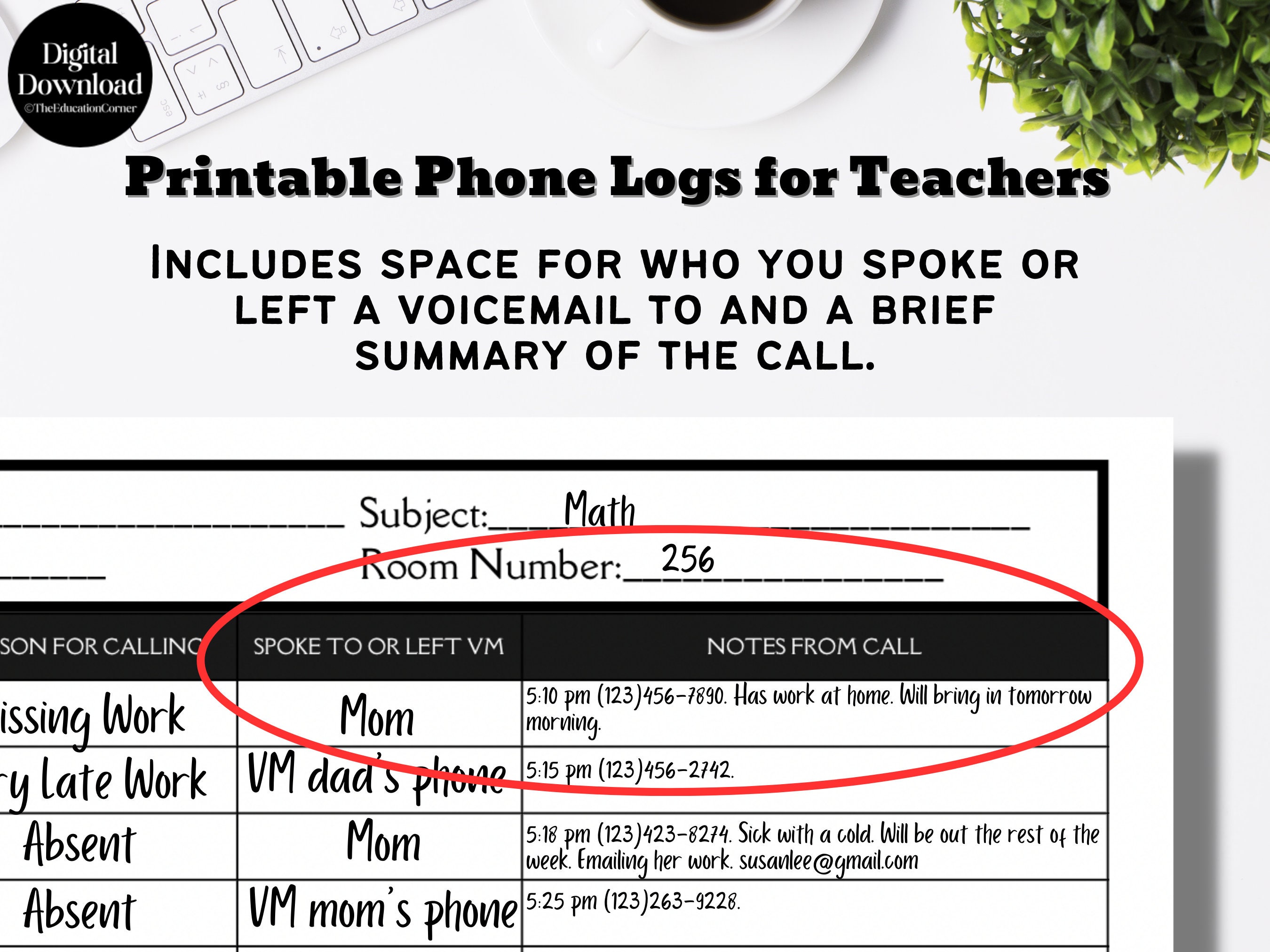 Phone Logs for Teachers | Download and Print | Download Once, Print ...