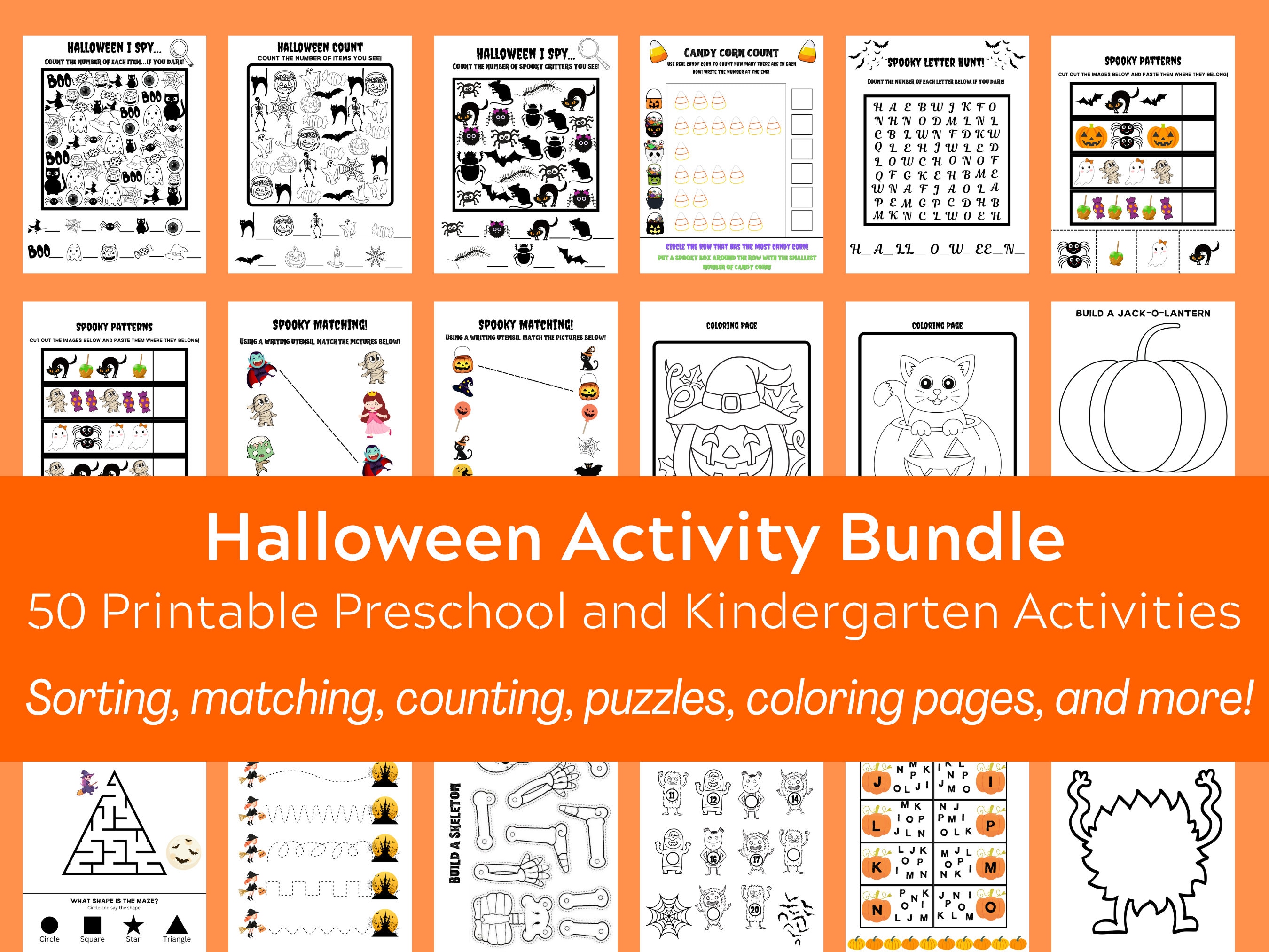 50 Printable Halloween Preschool & Kindergarten Activities Bundle ...
