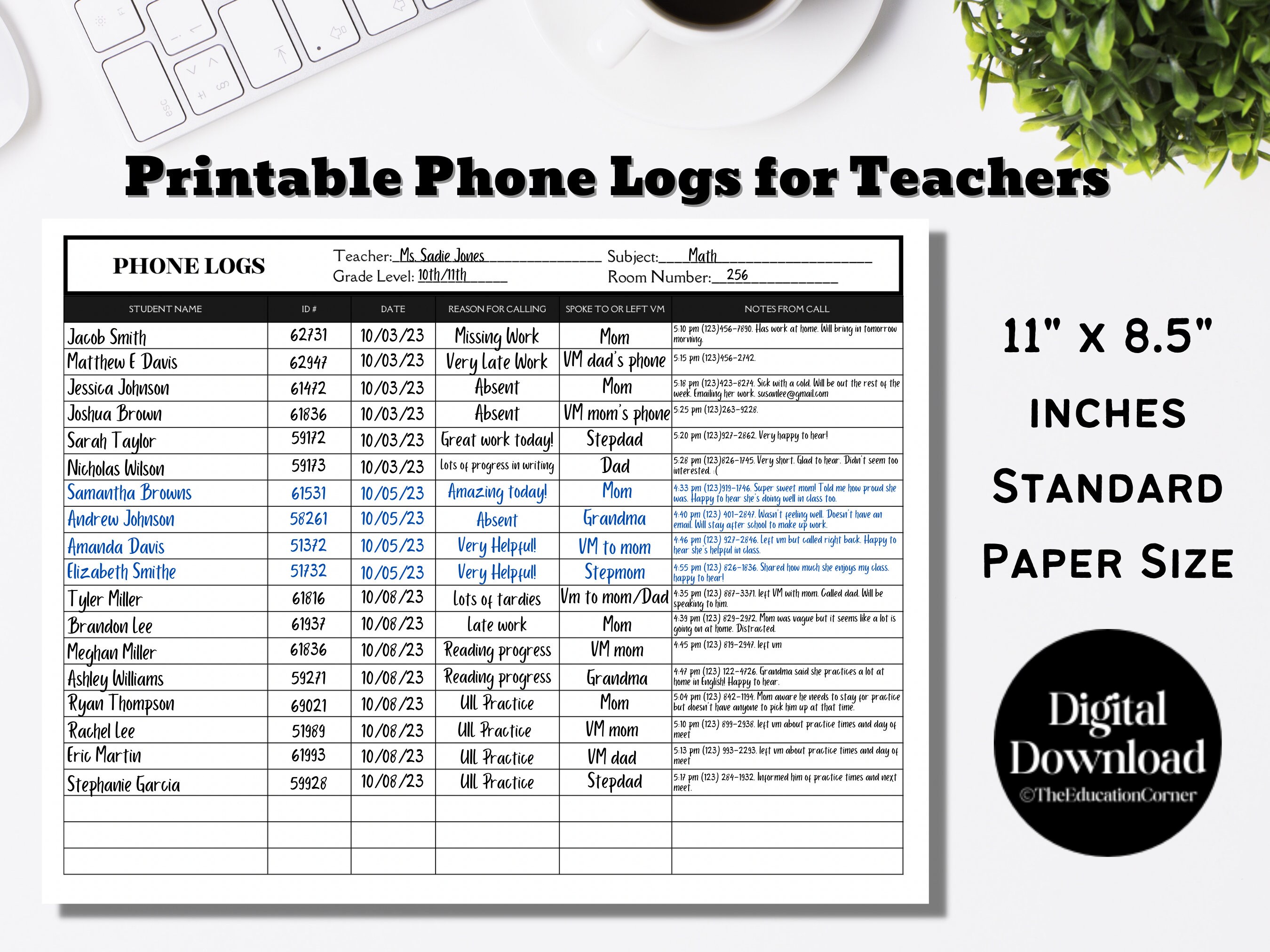Phone Logs for Teachers | Download and Print | Download Once, Print ...