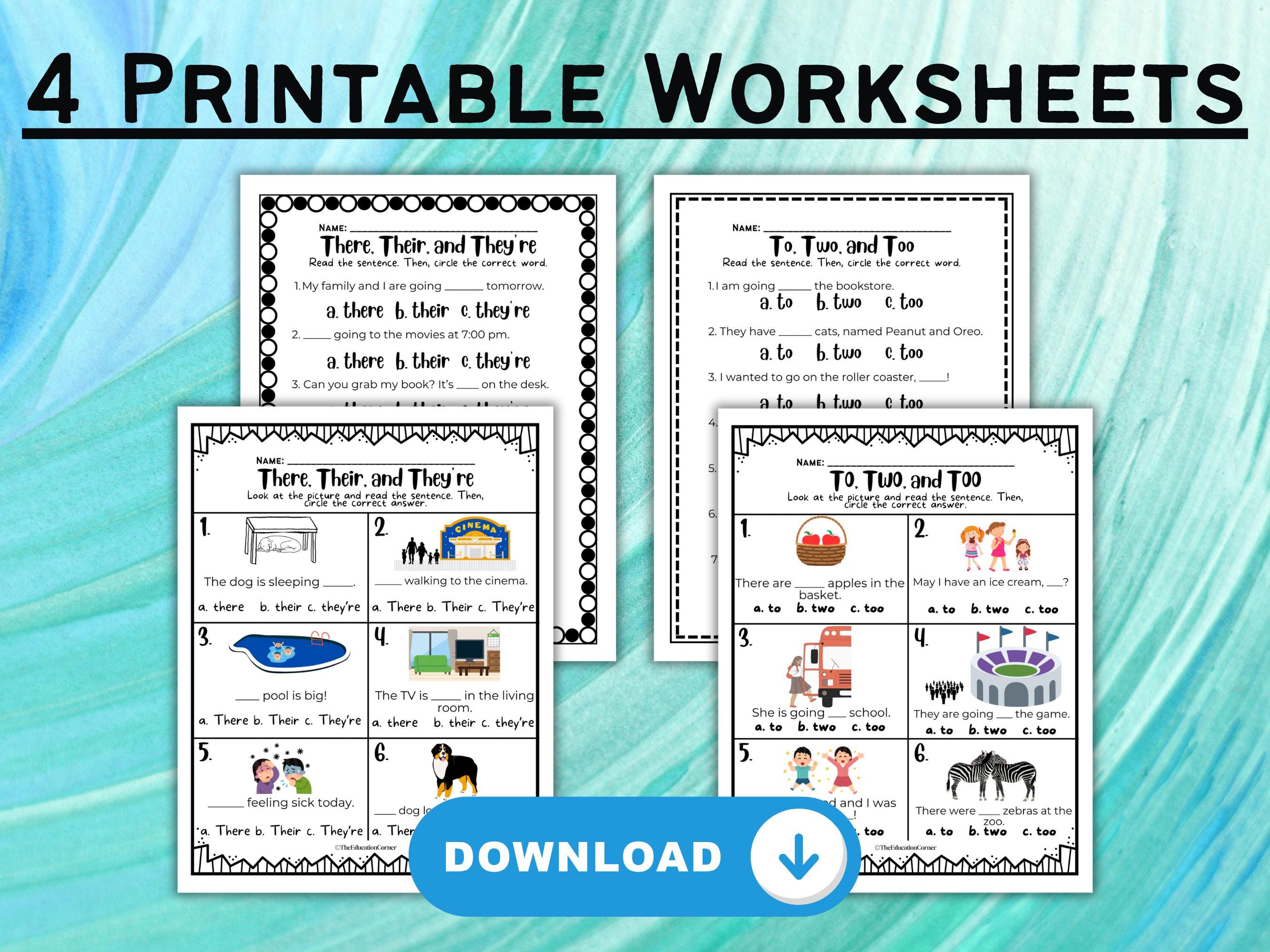 Their, There, They're & To, Two, Too | Anchor Charts, Worksheets ...