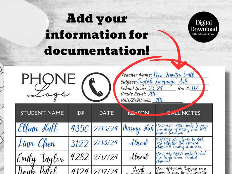 Phone Logs for Teachers | Educator Documentation | Download and Print ...