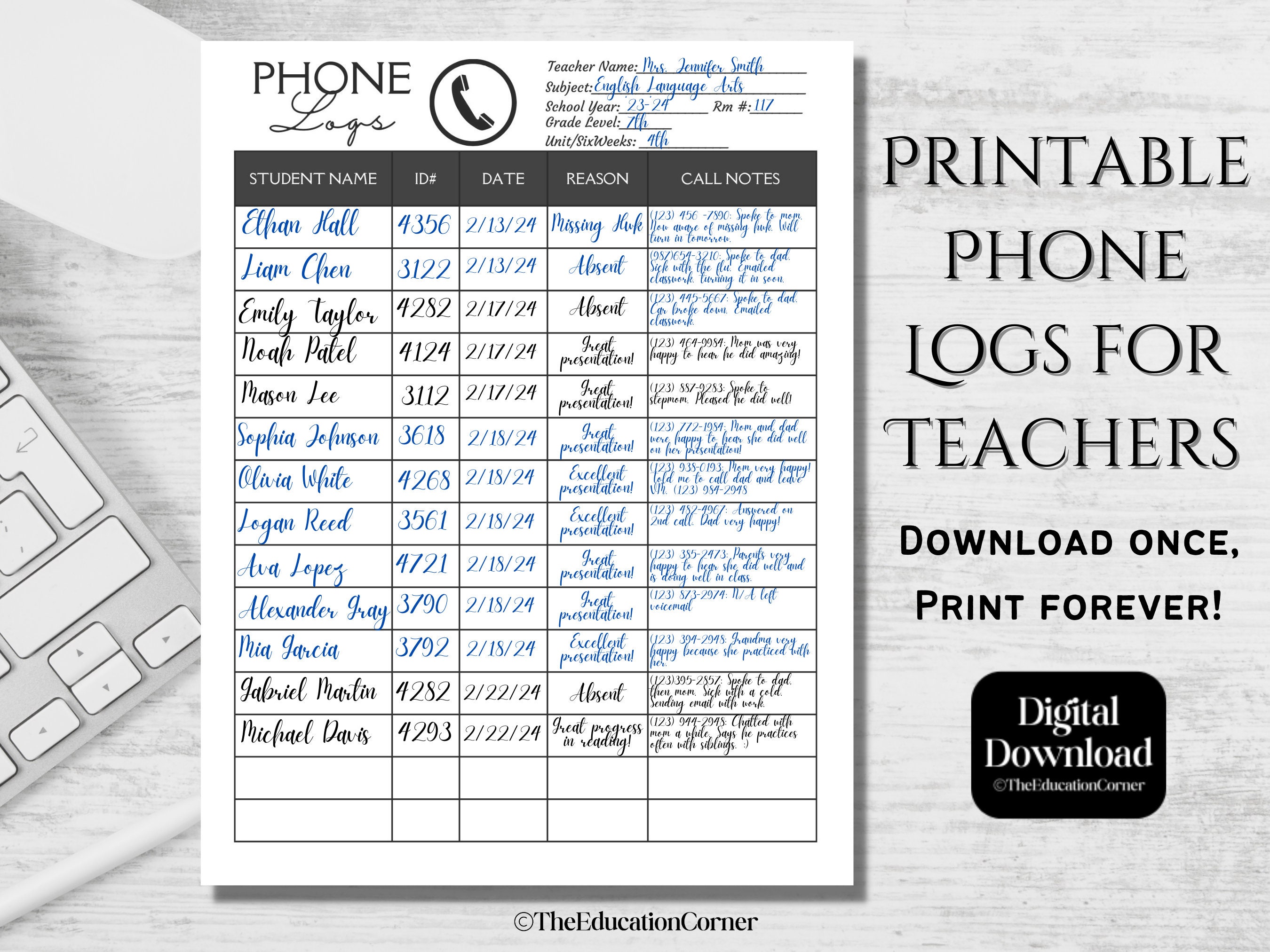 Phone Logs for Teachers | Educator Documentation | Download and Print ...