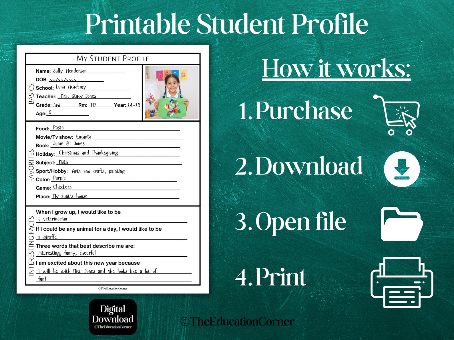 Printable Student Profile Sheet | Instant Download, DIGITAL DOWNLOAD ...