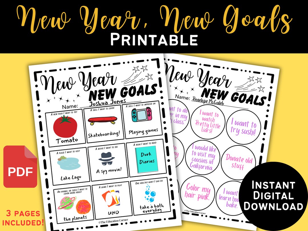 New Year, New Goals Printable Worksheet, New Year's Resolutions ...