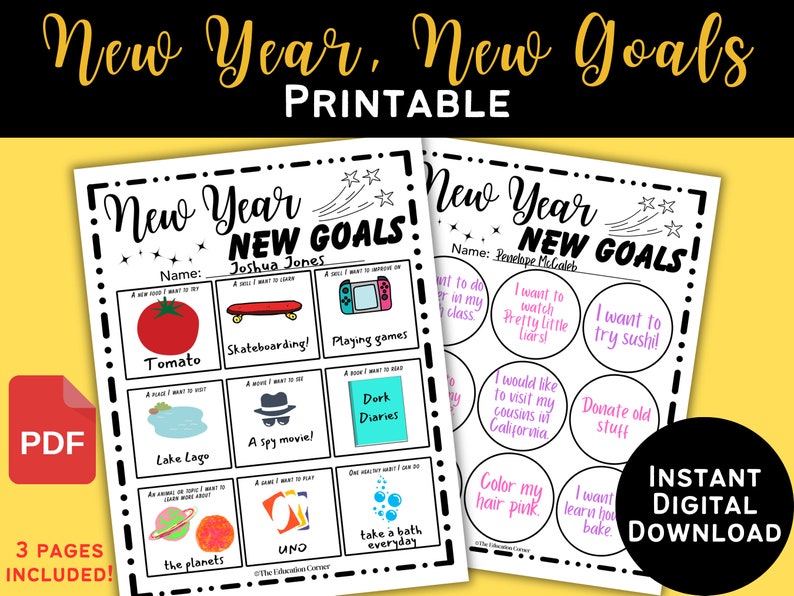 New Year, New Goals Printable Worksheet, New Year's Resolutions ...
