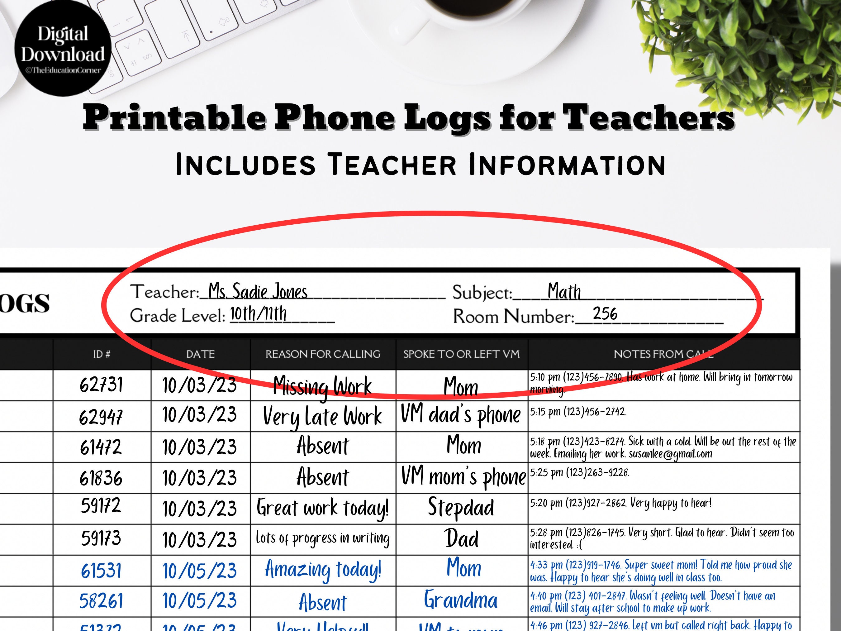 Phone Logs for Teachers | Download and Print | Download Once, Print ...