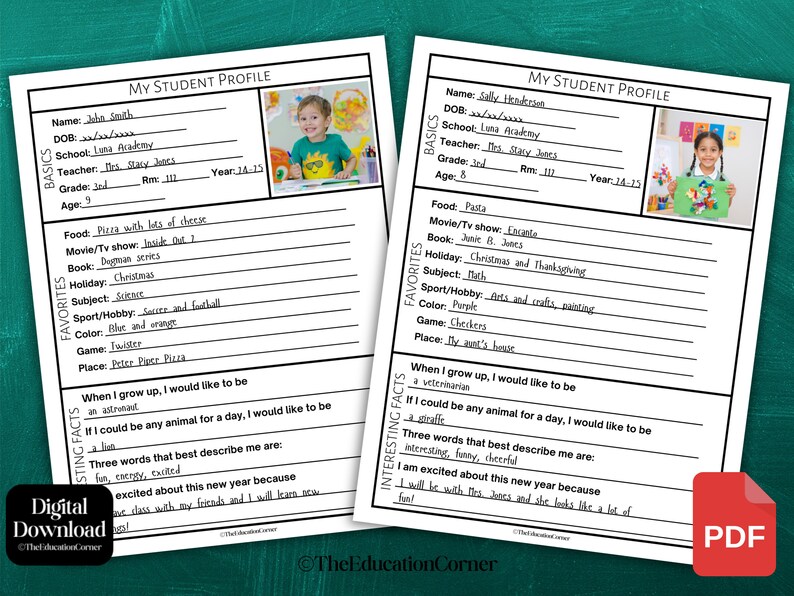Printable Student Profile Sheet | Instant Download, DIGITAL DOWNLOAD ...