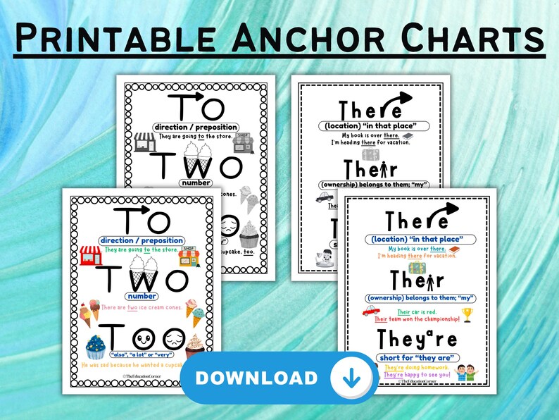 Their, There, They're & To, Two, Too | Anchor Charts, Worksheets ...