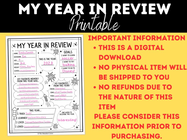 My Year in Review Printable | New Years Worksheet | Printable Activity ...