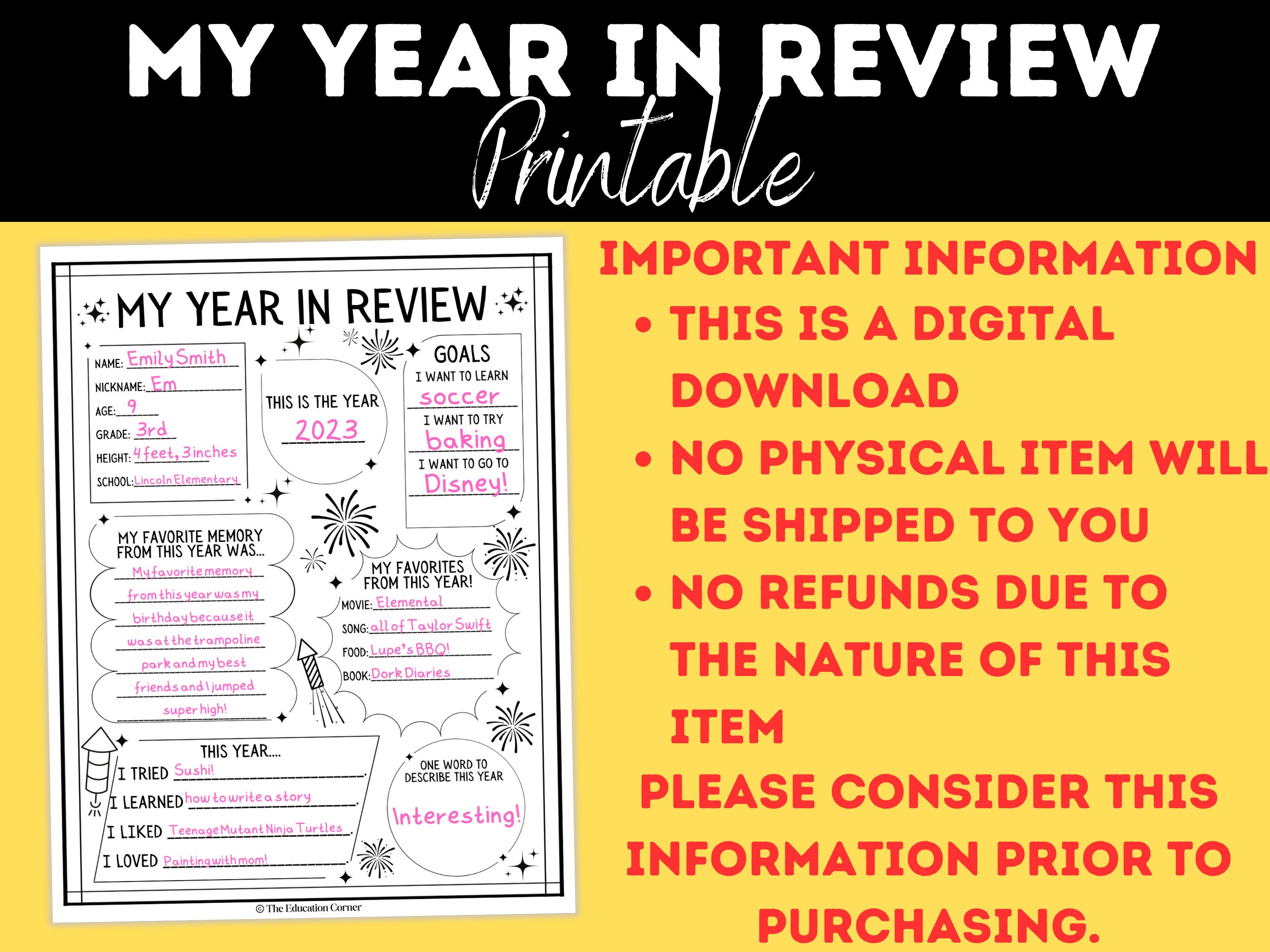 My Year in Review Printable | New Years Worksheet | Printable Activity ...