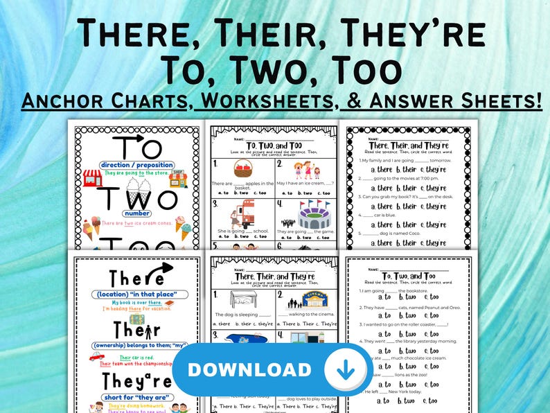 Their, There, They're & To, Two, Too | Anchor Charts, Worksheets ...