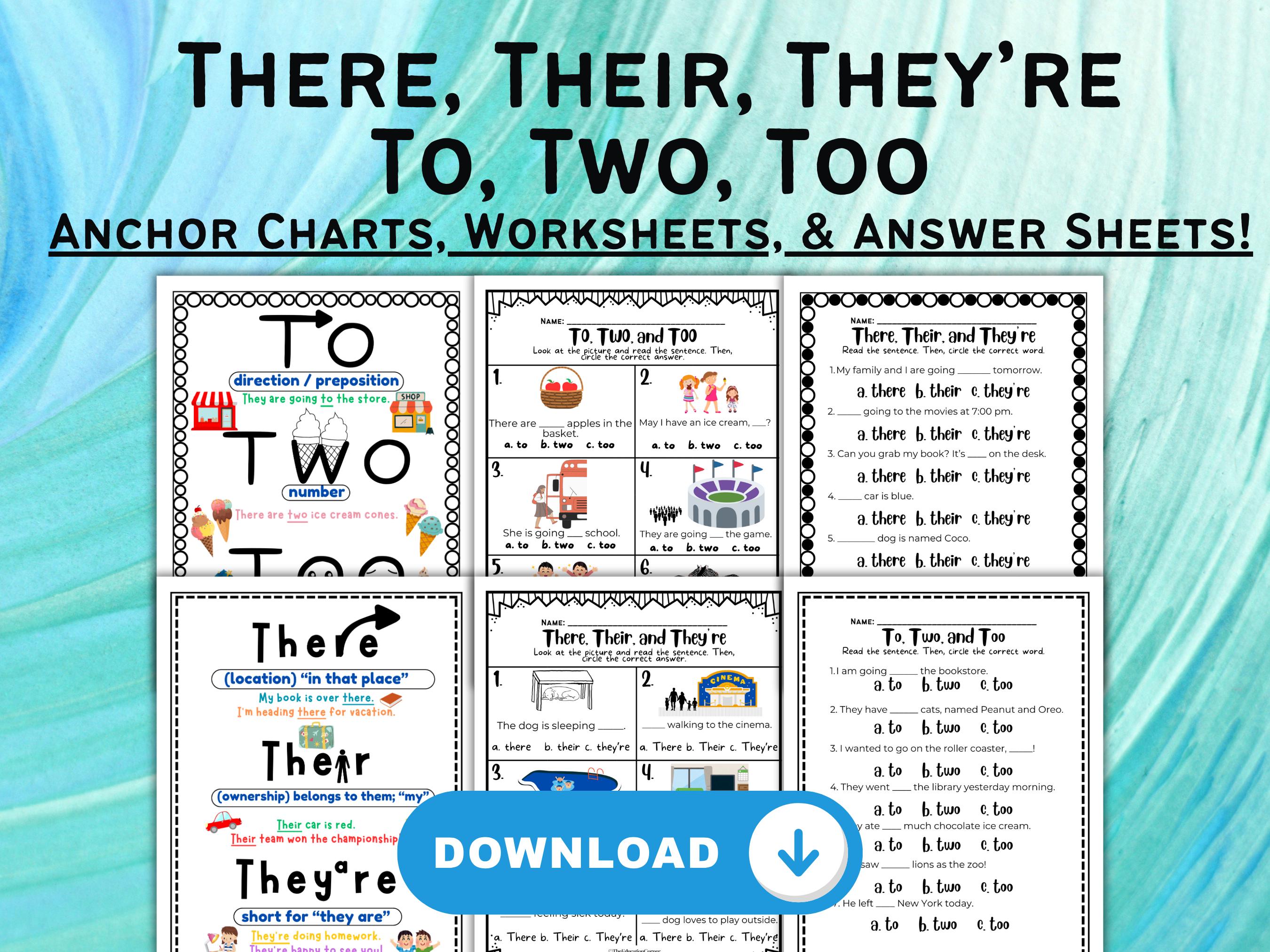 Their, There, They're & To, Two, Too Anchor Charts and Worksheets (PDF ...