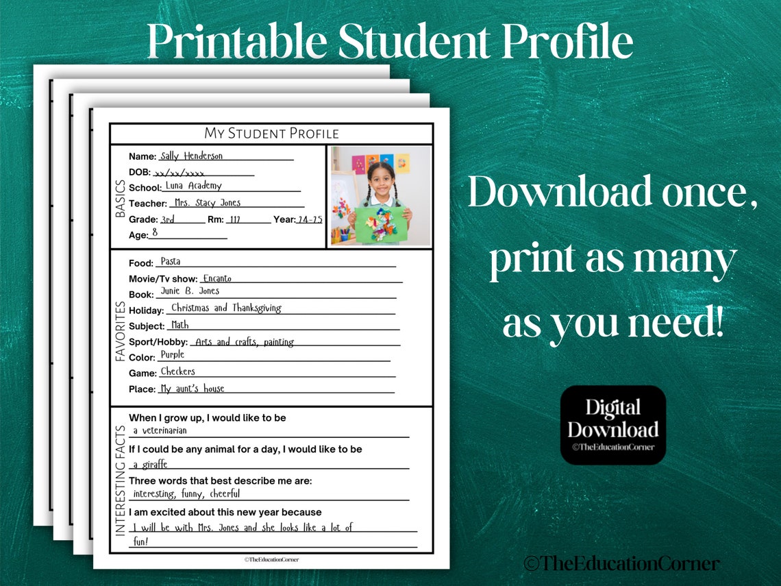 Printable Student Profile Sheet | Instant Download, DIGITAL DOWNLOAD ...