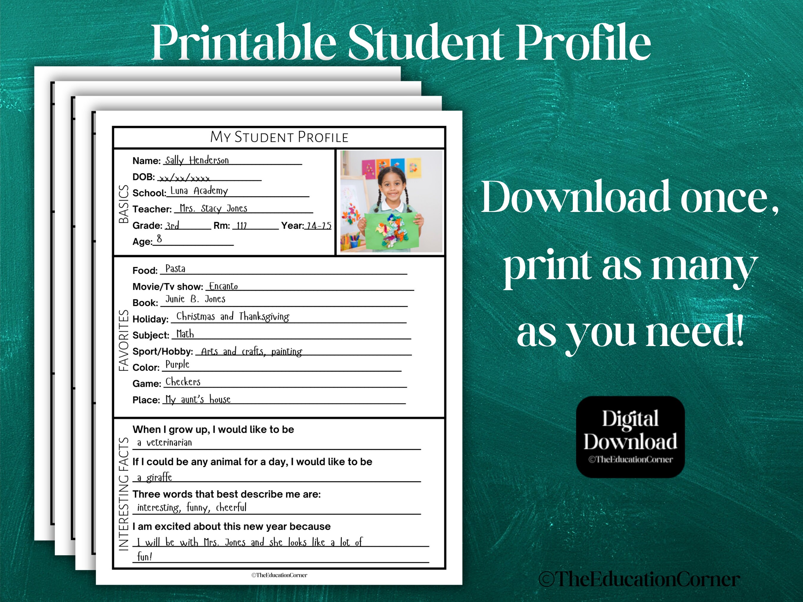 Printable Student Profile Sheet | Instant Download, DIGITAL DOWNLOAD ...