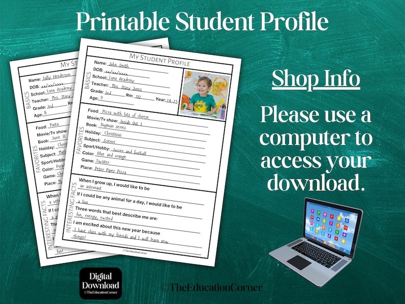 Printable Student Profile Sheet | Instant Download, DIGITAL DOWNLOAD ...