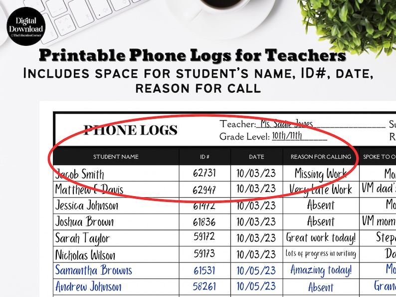 Phone Logs for Teachers | Download and Print | Download Once, Print ...