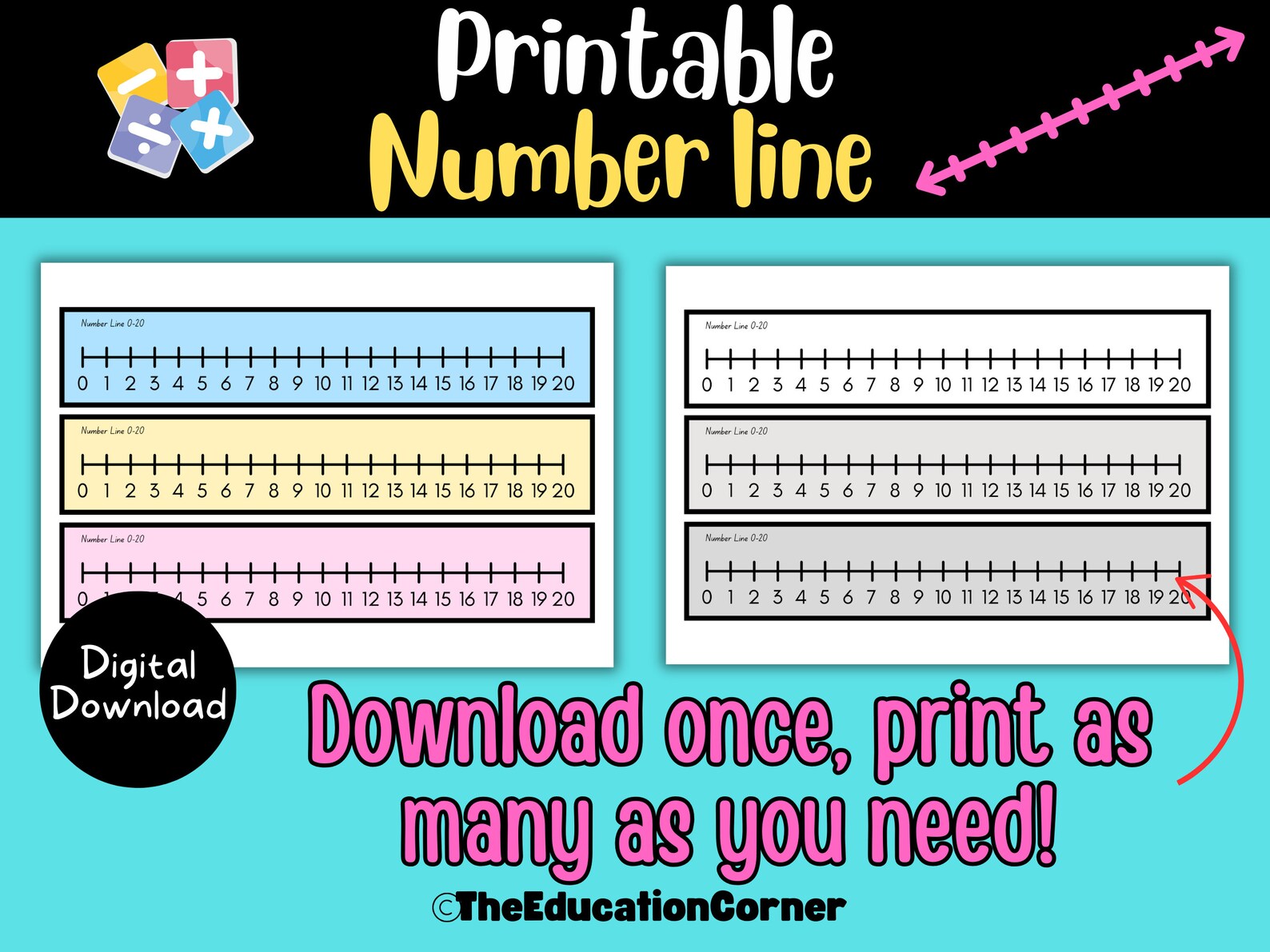 Printable Number Line 0-20 3 Practice Worksheets Math Worksheets - Etsy