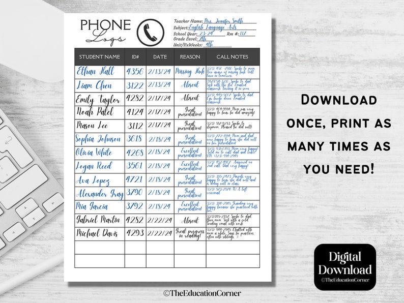 Phone Logs for Teachers | Educator Documentation | Download and Print ...