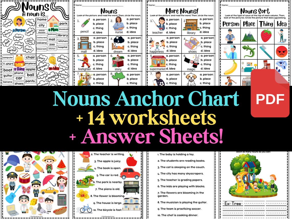 Printable Nouns Anchor Charts Worksheets Bundle - Elementary & Middle ...
