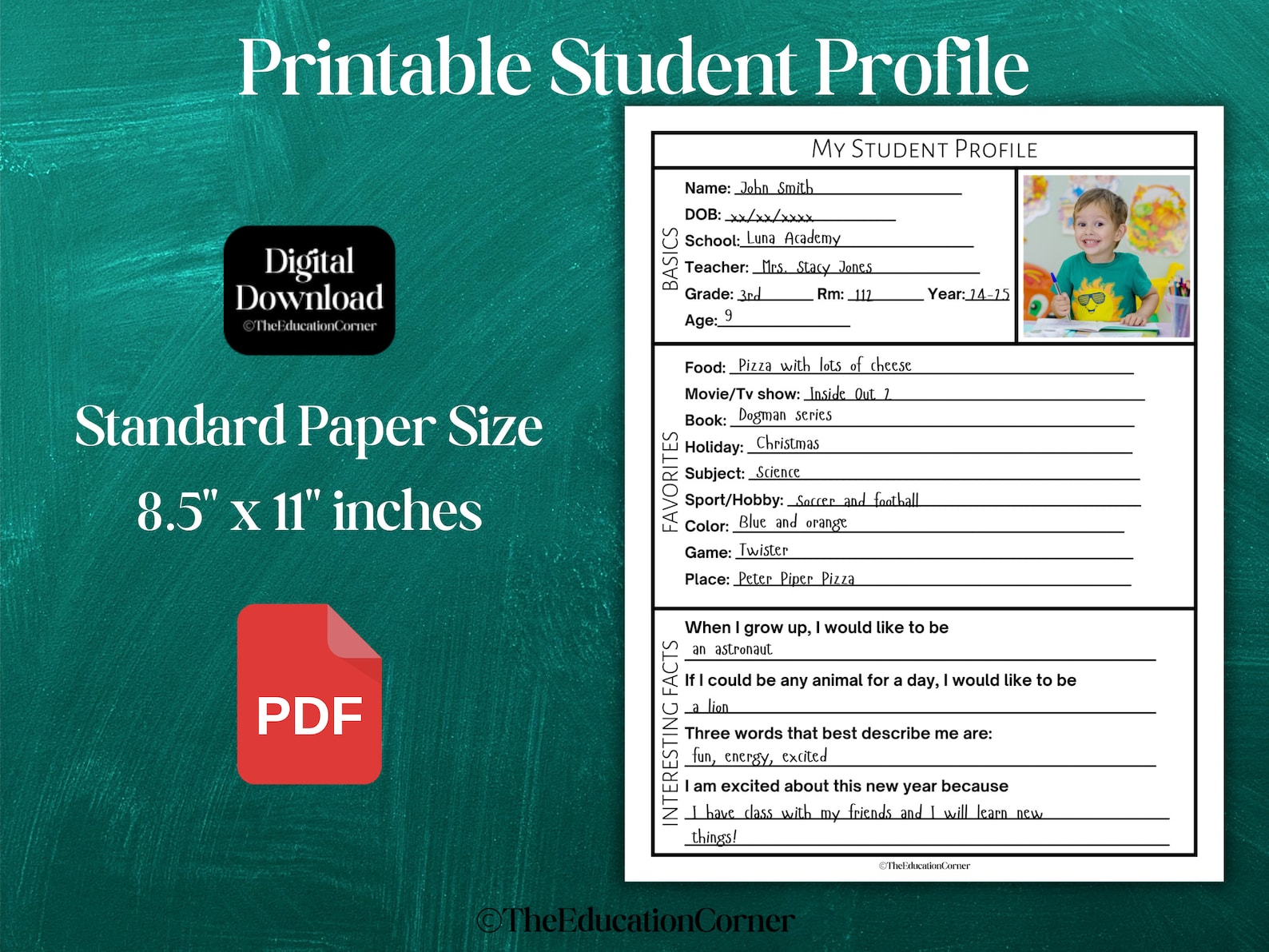 Printable Student Profile Sheet | Instant Download, DIGITAL DOWNLOAD ...
